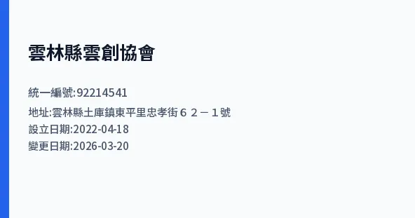 雲林縣雲創協會的照片-統編 92214541(雲林縣) 公司登記資料與營業項目詳細圖表