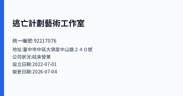 逃亡計劃藝術工作室的照片-統編 92217076(臺中市) 公司登記資料與營業項目詳細圖表