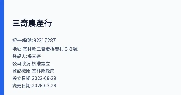 三奇農產行的照片-統編 92217287(雲林縣) 公司登記資料與營業項目詳細圖表