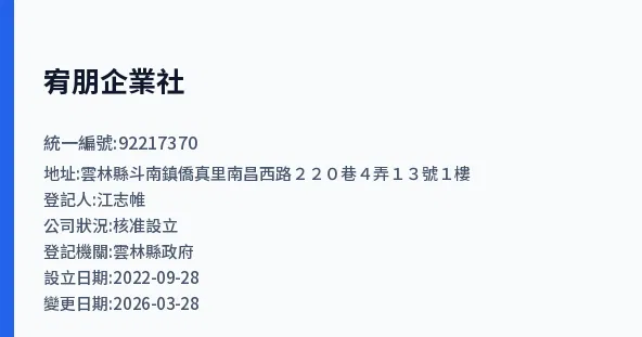 宥朋企業社的照片-統編 92217370(雲林縣) 公司登記資料與營業項目詳細圖表