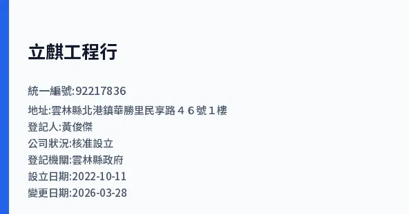 立麒工程行的照片-統編 92217836(雲林縣) 公司登記資料與營業項目詳細圖表