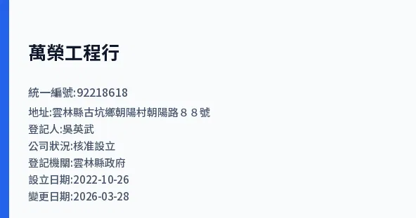 萬榮工程行的照片-統編 92218618(雲林縣) 公司登記資料與營業項目詳細圖表