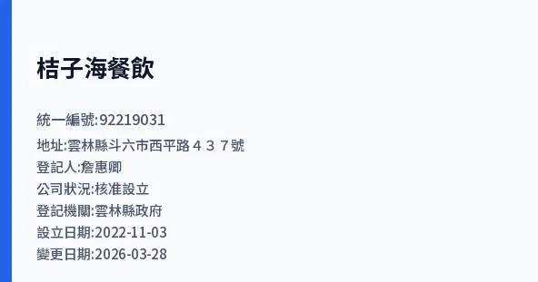 桔子海餐飲的照片-統編 92219031(雲林縣) 公司登記資料與營業項目詳細圖表