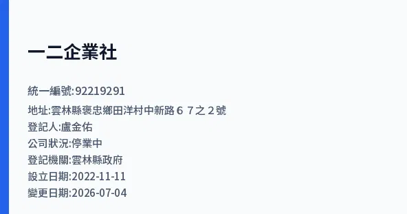 一二企業社的照片-統編 92219291(雲林縣) 公司登記資料與營業項目詳細圖表