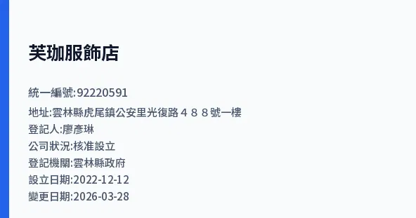 芙珈服飾店的照片-統編 92220591(雲林縣) 公司登記資料與營業項目詳細圖表