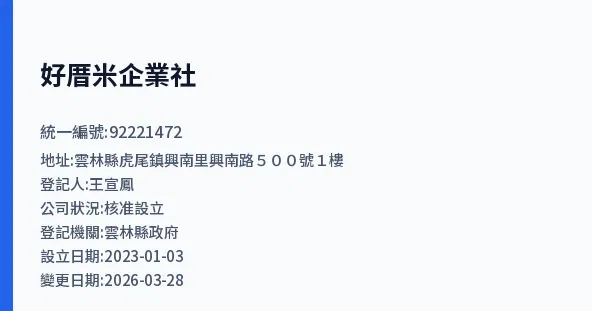 好厝米企業社的照片-統編 92221472(雲林縣) 公司登記資料與營業項目詳細圖表