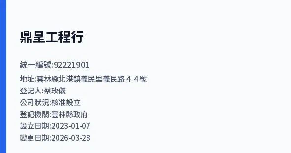 鼎呈工程行的照片-統編 92221901(雲林縣) 公司登記資料與營業項目詳細圖表