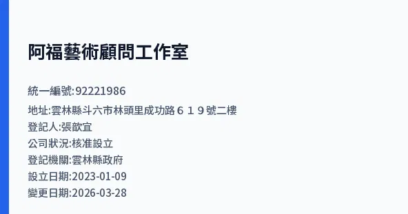 阿福藝術顧問工作室的照片-統編 92221986(雲林縣) 公司登記資料與營業項目詳細圖表