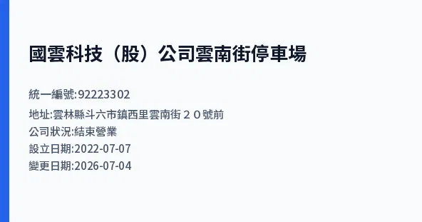 國雲科技(股)公司雲南街停車場的照片-統編 92223302(雲林縣) 公司登記資料與營業項目詳細圖表