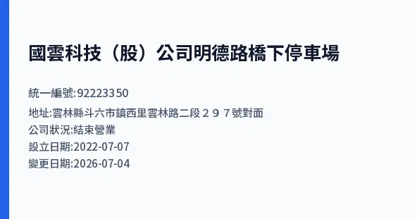 國雲科技(股)公司明德路橋下停車場的照片-統編 92223350(雲林縣) 公司登記資料與營業項目詳細圖表