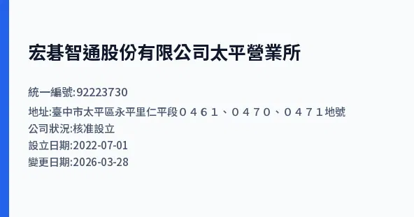 宏碁智通股份有限公司太平營業所的照片-統編 92223730(臺中市) 公司登記資料與營業項目詳細圖表
