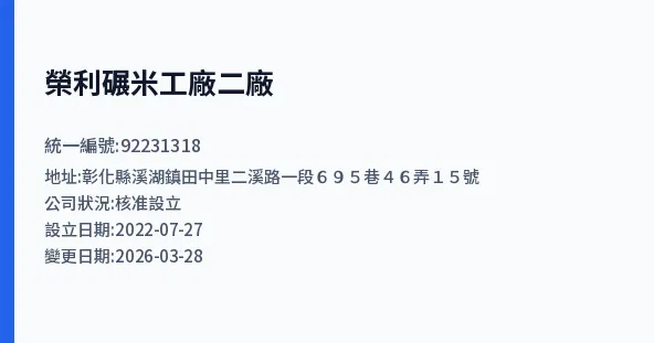 榮利碾米工廠二廠的照片-統編 92231318(彰化縣) 公司登記資料與營業項目詳細圖表