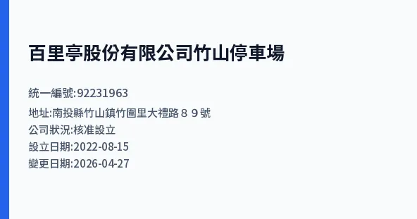百里亭股份有限公司竹山停車場的照片-統編 92231963(南投縣) 公司登記資料與營業項目詳細圖表