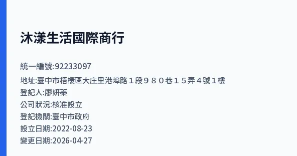 沐漾生活國際商行的照片-統編 92233097(臺中市) 公司登記資料與營業項目詳細圖表