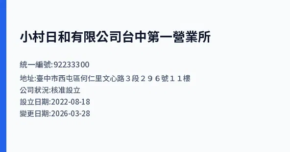 小村日和有限公司台中第一營業所的照片-統編 92233300(臺中市) 公司登記資料與營業項目詳細圖表
