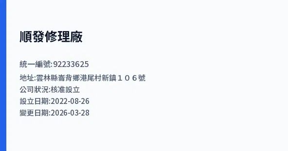 順發修理廠的照片-統編 92233625(雲林縣) 公司登記資料與營業項目詳細圖表