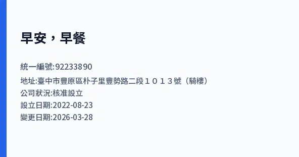 早安,早餐的照片-統編 92233890(臺中市) 公司登記資料與營業項目詳細圖表