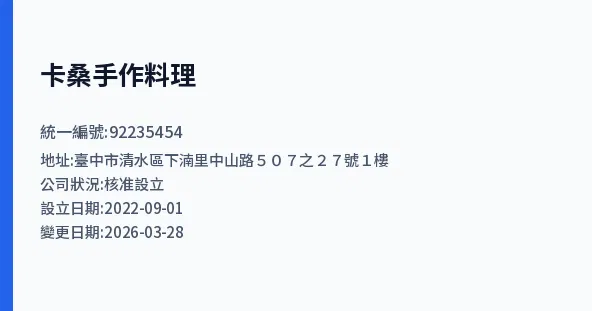 卡桑手作料理的照片-統編 92235454(臺中市) 公司登記資料與營業項目詳細圖表