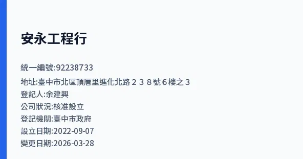 安永工程行的照片-統編 92238733(臺中市) 公司登記資料與營業項目詳細圖表