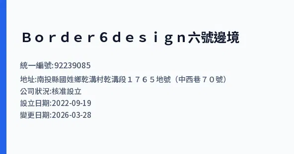 Border6design六號邊境的照片-統編 92239085(南投縣) 公司登記資料與營業項目詳細圖表