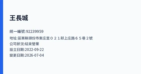 王長城的照片-統編 92239959(苗栗縣) 公司登記資料與營業項目詳細圖表