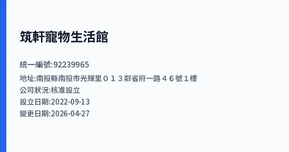筑軒寵物生活館的照片-統編 92239965(南投縣) 公司登記資料與營業項目詳細圖表