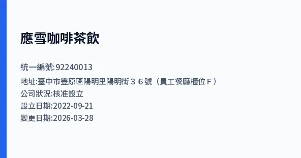 應雪咖啡茶飲的照片-統編 92240013(臺中市) 公司登記資料與營業項目詳細圖表