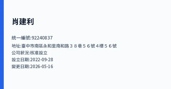 肖建利的照片-統編 92240837(臺中市) 公司登記資料與營業項目詳細圖表