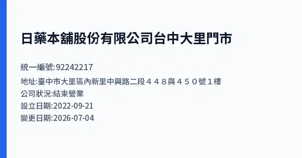 日藥本舖股份有限公司台中大里門市的照片-統編 92242217(臺中市) 公司登記資料與營業項目詳細圖表