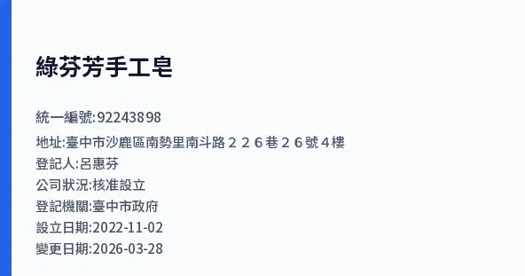 綠芬芳手工皂的照片-統編 92243898(臺中市) 公司登記資料與營業項目詳細圖表