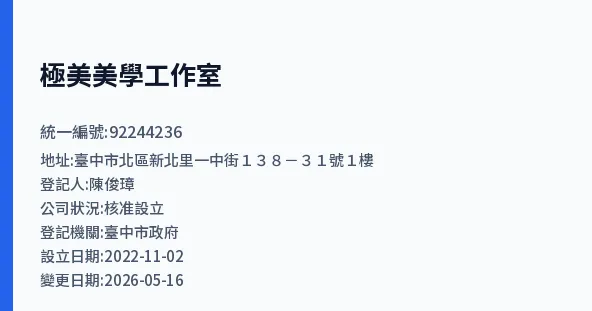 極美美學工作室的照片-統編 92244236(臺中市) 公司登記資料與營業項目詳細圖表
