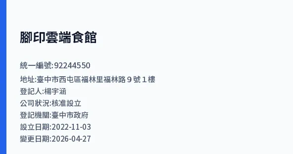 腳印雲端食館的照片-統編 92244550(臺中市) 公司登記資料與營業項目詳細圖表