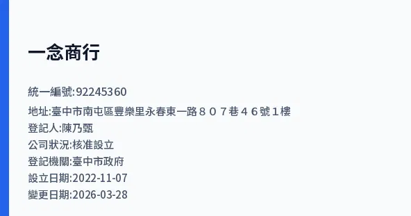 一念商行的照片-統編 92245360(臺中市) 公司登記資料與營業項目詳細圖表