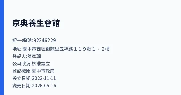 京典養生會館的照片-統編 92246229(臺中市) 公司登記資料與營業項目詳細圖表