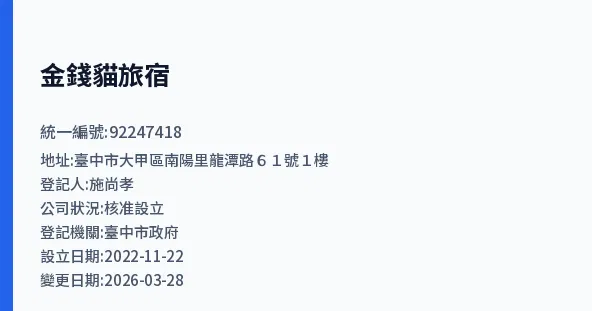 金錢貓旅宿的照片-統編 92247418(臺中市) 公司登記資料與營業項目詳細圖表
