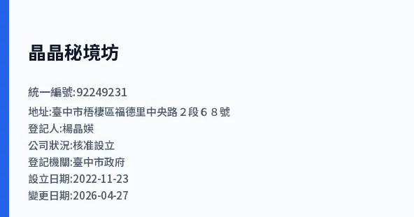 晶晶秘境坊的照片-統編 92249231(臺中市) 公司登記資料與營業項目詳細圖表