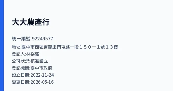 大大農產行的照片-統編 92249577(臺中市) 公司登記資料與營業項目詳細圖表