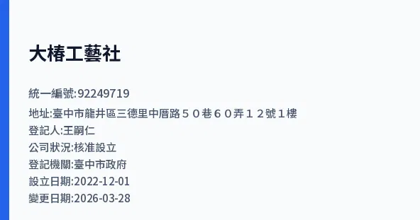 大椿工藝社的照片-統編 92249719(臺中市) 公司登記資料與營業項目詳細圖表