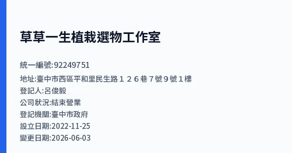草草一生植栽選物工作室的照片-統編 92249751(臺中市) 公司登記資料與營業項目詳細圖表