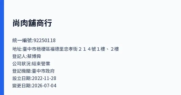 尚肉舖商行的照片-統編 92250118(臺中市) 公司登記資料與營業項目詳細圖表