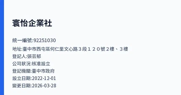 寰怡企業社的照片-統編 92251030(臺中市) 公司登記資料與營業項目詳細圖表