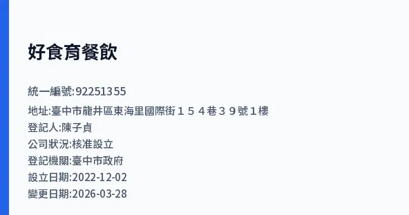 好食育餐飲的照片-統編 92251355(臺中市) 公司登記資料與營業項目詳細圖表