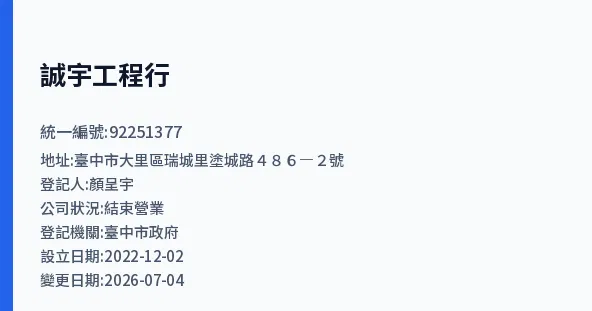誠宇工程行的照片-統編 92251377(臺中市) 公司登記資料與營業項目詳細圖表