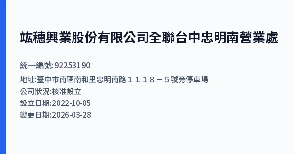 竑穗興業股份有限公司全聯台中忠明南營業處的照片-統編 92253190(臺中市) 公司登記資料與營業項目詳細圖表
