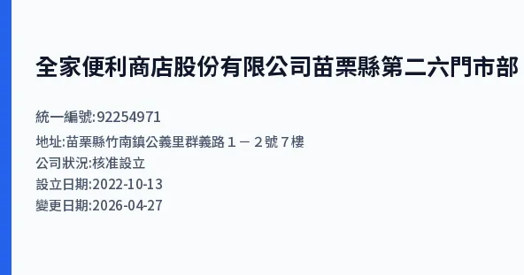 全家便利商店股份有限公司苗栗縣第二六門市部的照片-統編 92254971(苗栗縣) 公司登記資料與營業項目詳細圖表