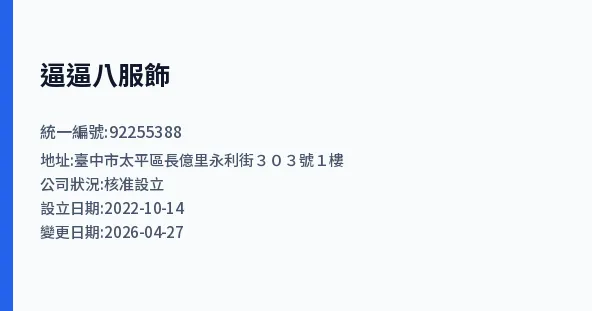 逼逼八服飾的照片-統編 92255388(臺中市) 公司登記資料與營業項目詳細圖表