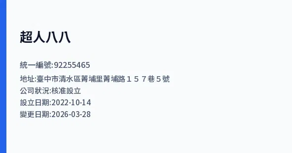 超人八八的照片-統編 92255465(臺中市) 公司登記資料與營業項目詳細圖表