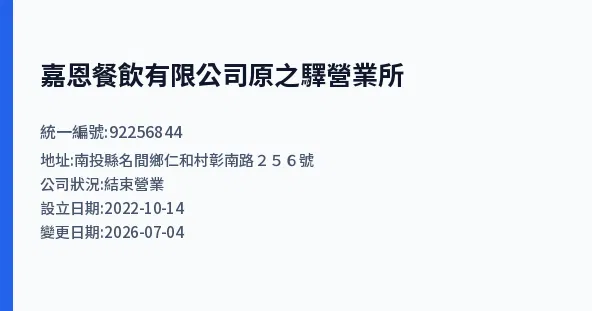 嘉恩餐飲有限公司原之驛營業所的照片-統編 92256844(南投縣) 公司登記資料與營業項目詳細圖表