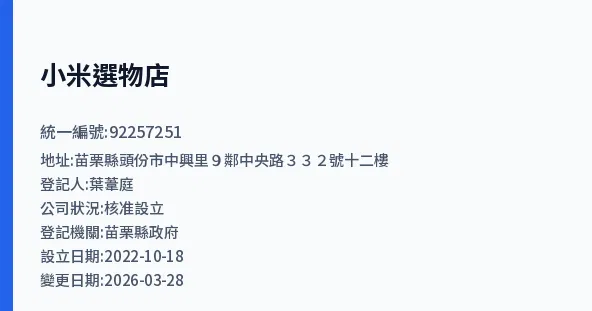 小米選物店的照片-統編 92257251(苗栗縣) 公司登記資料與營業項目詳細圖表