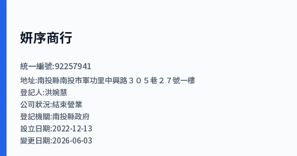 妍序商行的照片-統編 92257941(南投縣) 公司登記資料與營業項目詳細圖表